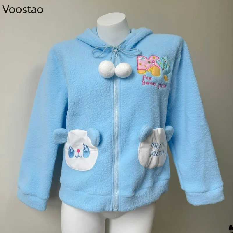 Autumn Winter Sweet Bear Ears Hooded Coats Women Y2k Aesthetic Kawaii ...