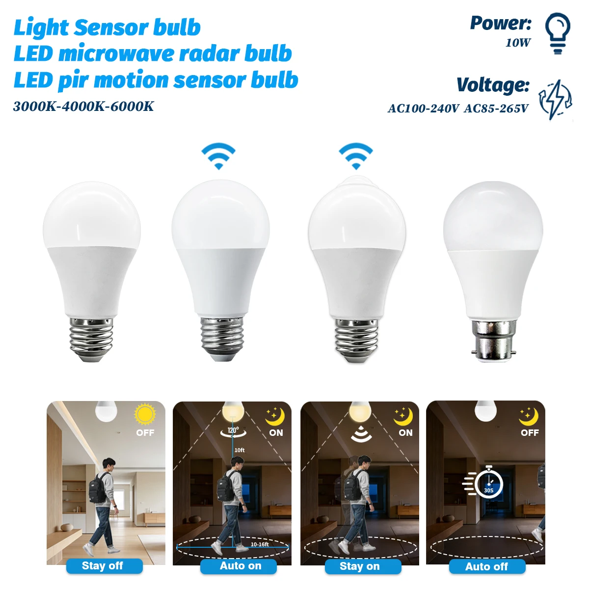 1-20PACK LED PIR Motion Sensor Bulb AC100-240V Microwave Cadar Bulbs ...