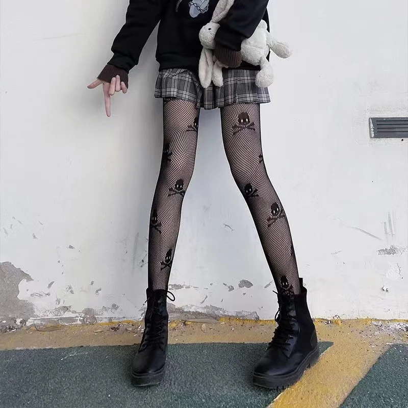 Black Fishnet Stockings Gothic Punk Style Tights Mesh Skull Print ...