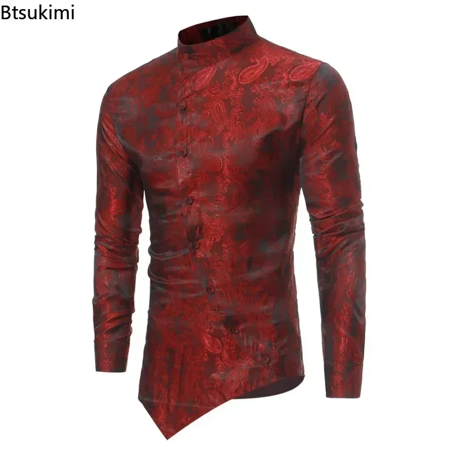 2026 Men's Irregular Oblique Hem Shirts Fashion Printed Stand Collar ...