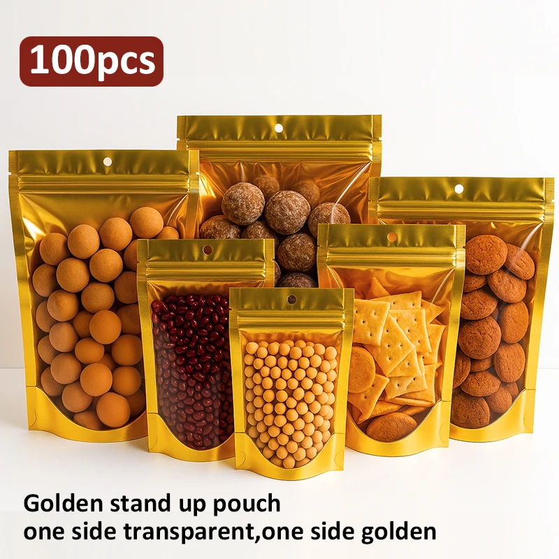 100pcs Glossy Golden Stand up Pouch One Side Transparent One Side ...