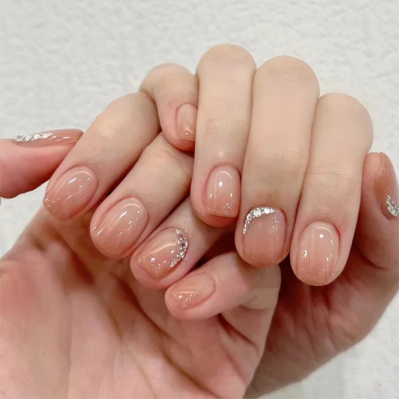 누드 핑크 가짜 네일 다이아몬드 장식 짧은 반짝이 프레스 네일 매니큐어 패치 젤리 포함 전체 완성 가짜 네일 패치 24 개