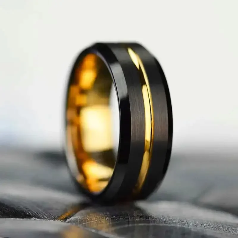 Fashion-8MM-Men-Gold-Color-Groove-Stainless-Steel-Rings-Black-Brushed ...
