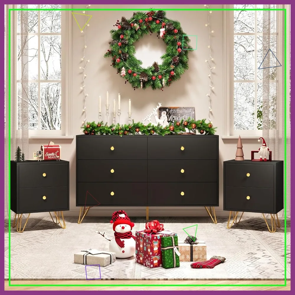 Modern Black Gold Dresser Set with 6 Drawers and Nightstand, Golden ...