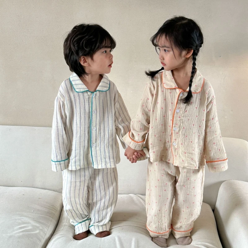 2026 New Children's Cotton Pajamas Set Striped Full Sleeve Button Shirt ...