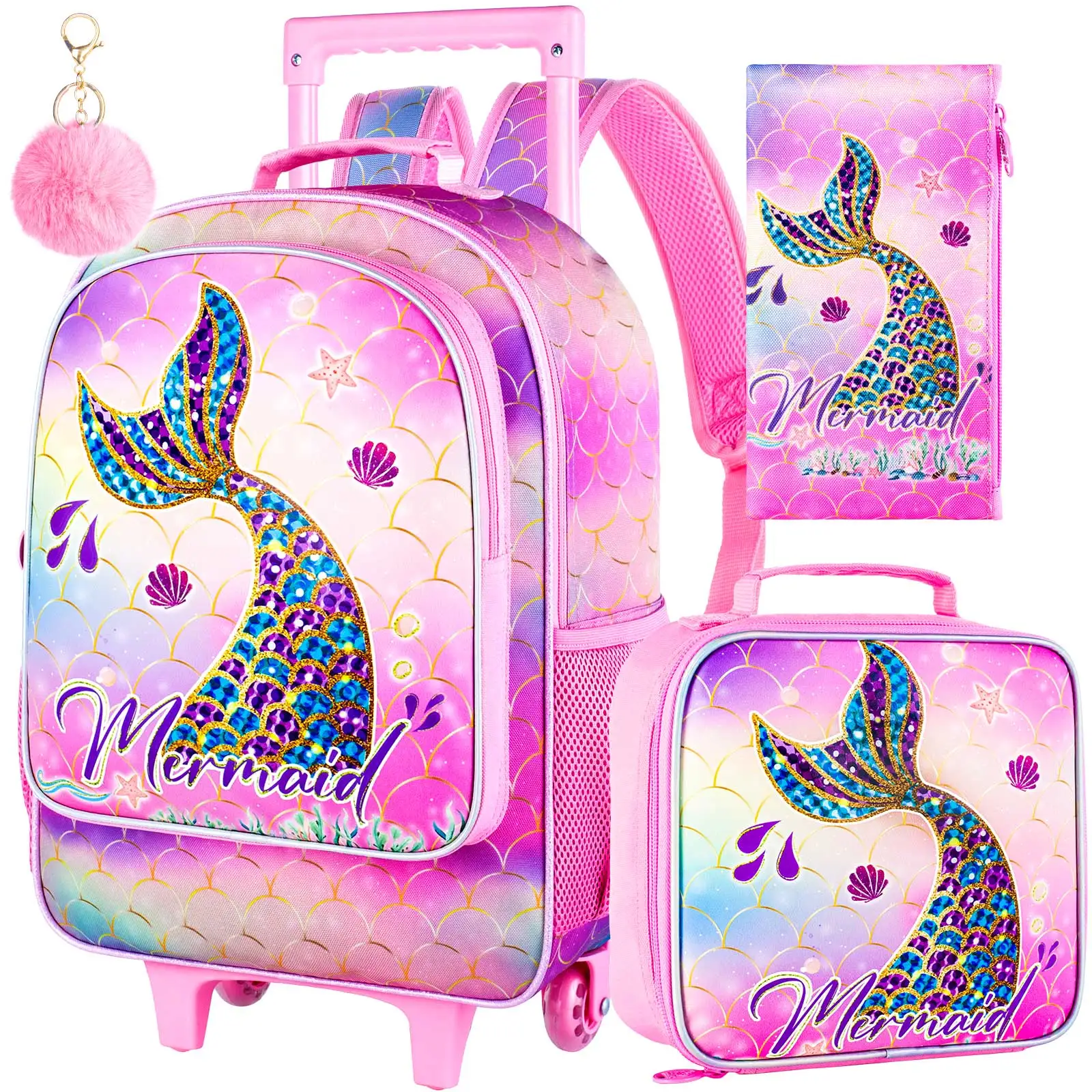 3PCS-Mermaid-Rolling-Backpack-for-Girls-Kids-School-Backpacks-with ...