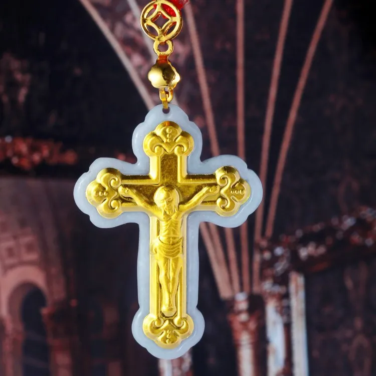 Natural Gold Inlaid Jade Jesus Cross Pendant Jewellery Accessories Hand ...