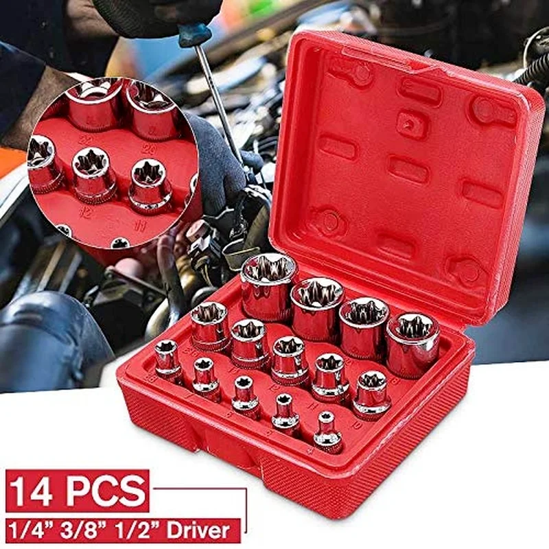 14 Pcs Female Torx Bit Star-shaped Socket Set 1/4, 3/8, 1/2 Inch Drive ...
