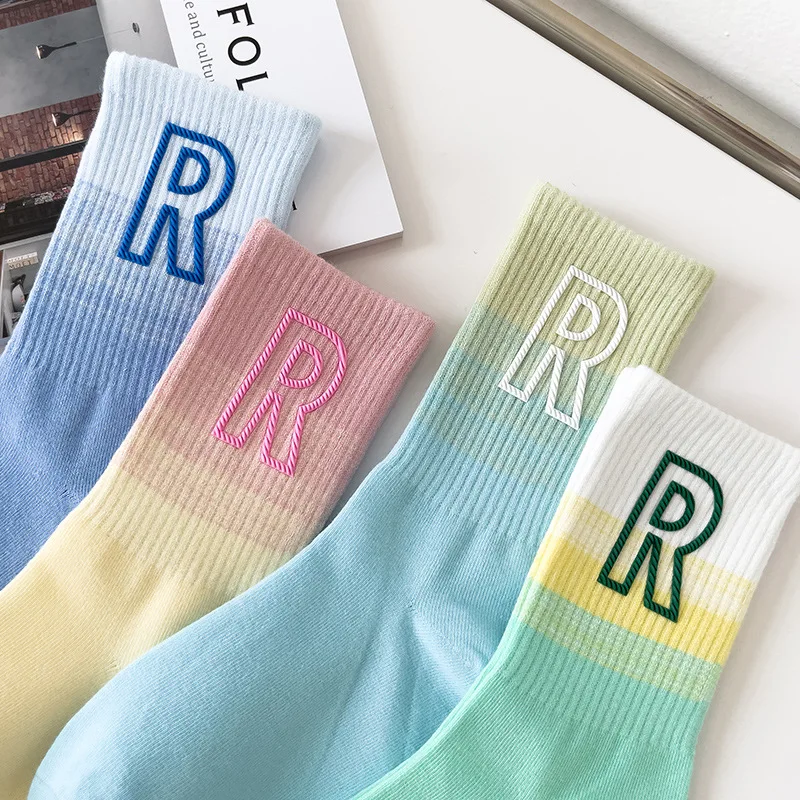 Gradient-Classic-Striped-Letter-R-Fashion-Sporty-Middle-Socks-Girls ...