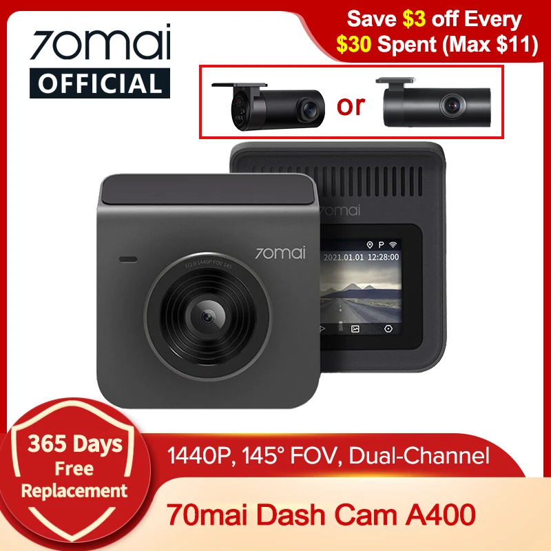 70mai Dash Cam A400 Car DVR 145° FOV 1440P Resolution 70mai A400 Car Recorder Support Rear Cam ...