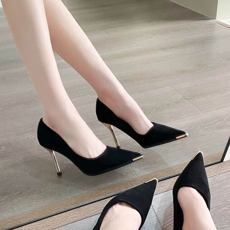 Ladies Elegant High Heels Metal Toe Pointed Tip Shallow Mouth Black ...