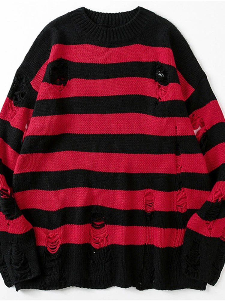 Striped Sweater Holes | Striped Ripped Sweater | Punk Striped Knit ...