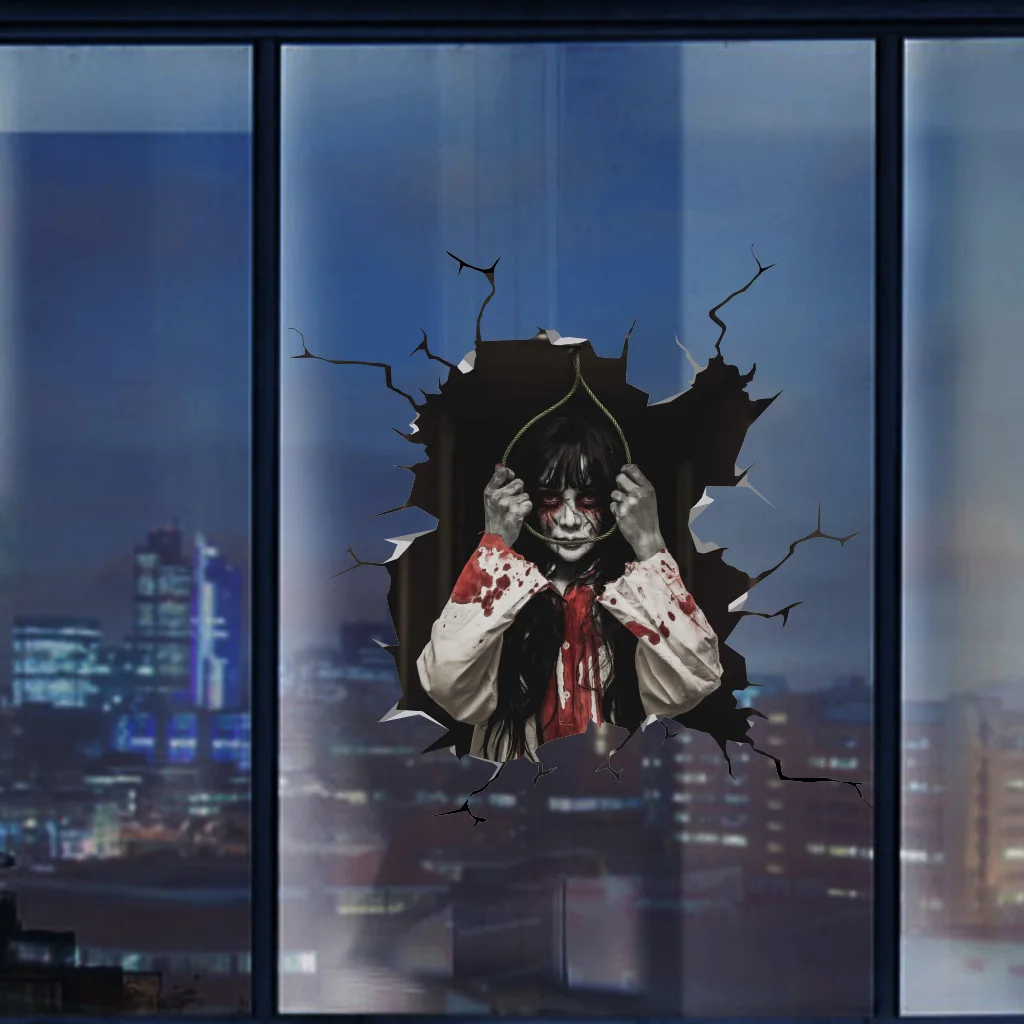 3D Devil Woman Halloween Sticker Broken Window Horror Halloween Wall ...