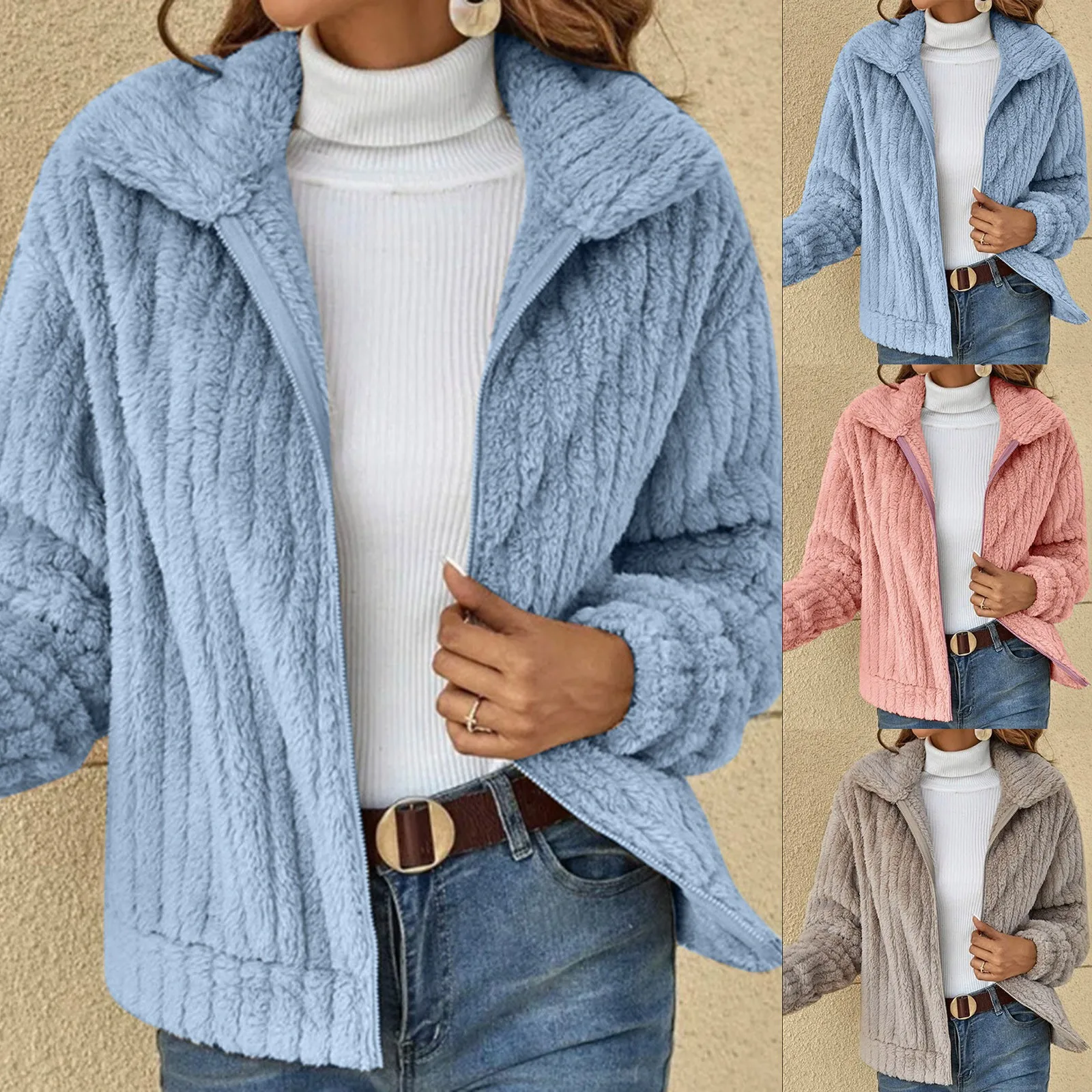 Womens-Solid-Color-Casual-Fleece-Check-Lapel-Bright-Fleece-Jacket-Fuzzy ...