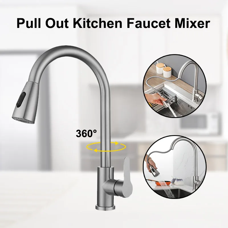 Brushed Nickel Kitchen Faucet Single Hole Pull Out Kitchen Sink Mixer ...