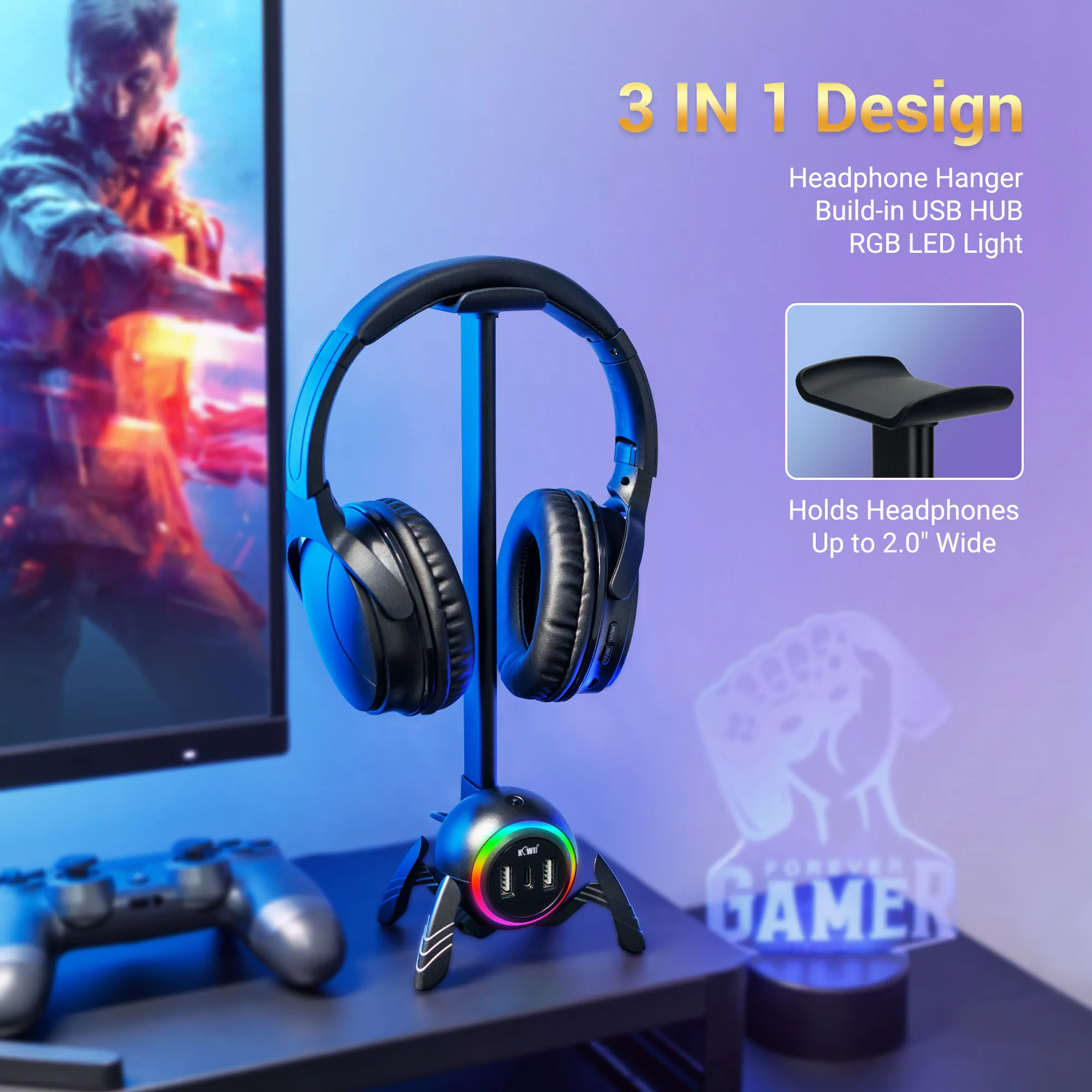 KIWIFOTOS RGB Lights Headphone Stand with Type C USB Ports Headphone ...