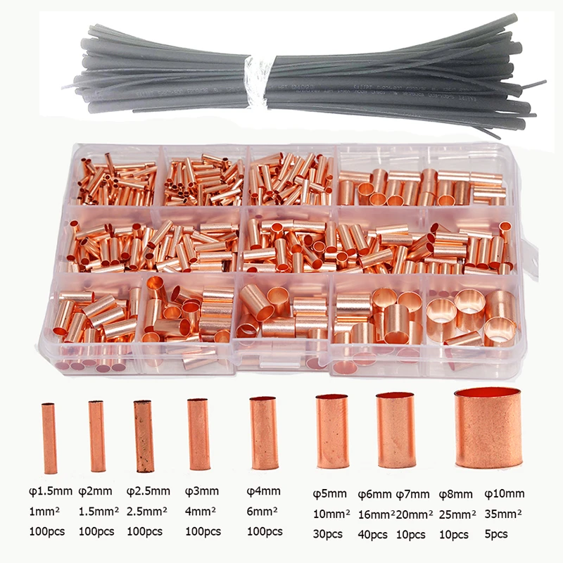595/220pcs Straight Pure Copper Tube Butt Connectors Wire Ferrule Cable ...
