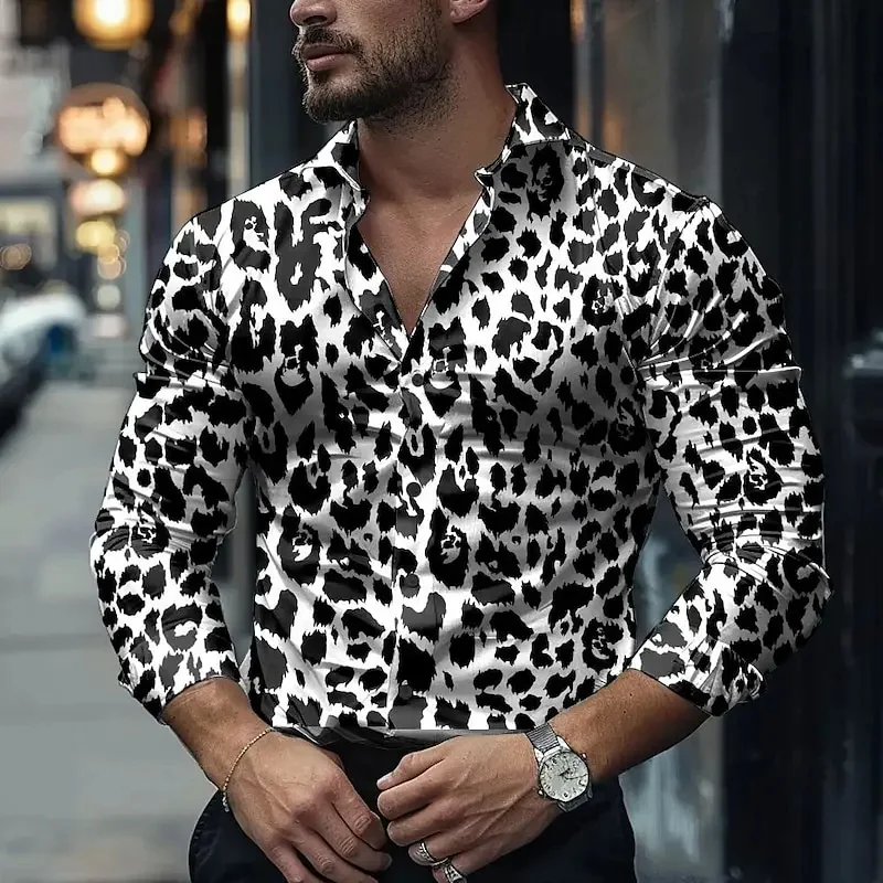 Men's shirt with unique leopard print, long-sleeved, stylish, slim fit ...