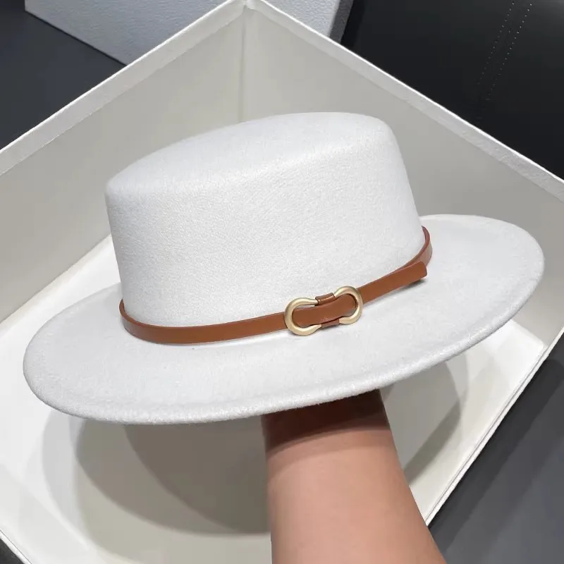White-Flat-Top-Fedora-Hat-Round-Top-Winter-Hat-6cm-Men-s-and-Women-s ...