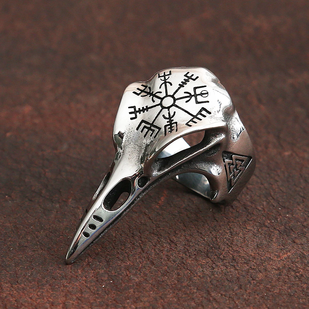 Vintage Odin Crow Skull Men's Ring Gothic Stainless Steel Compass Rings For Men Viking ...