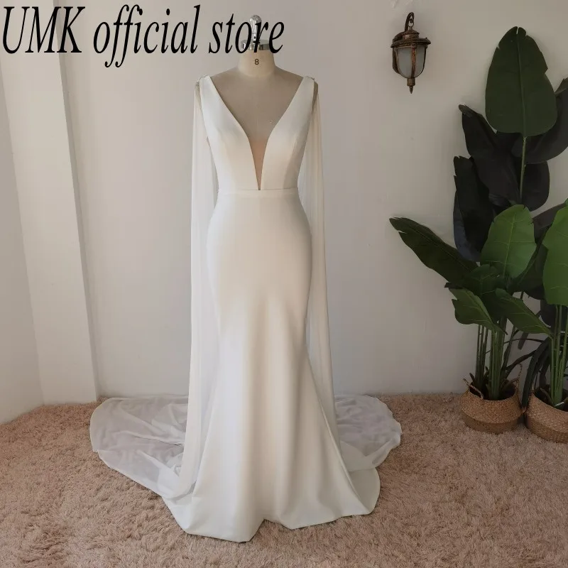 UMK-Simple-Plain-Crepe-Mermaid-Wedding-Dress-Sexy-Deep-V-Open-Back ...