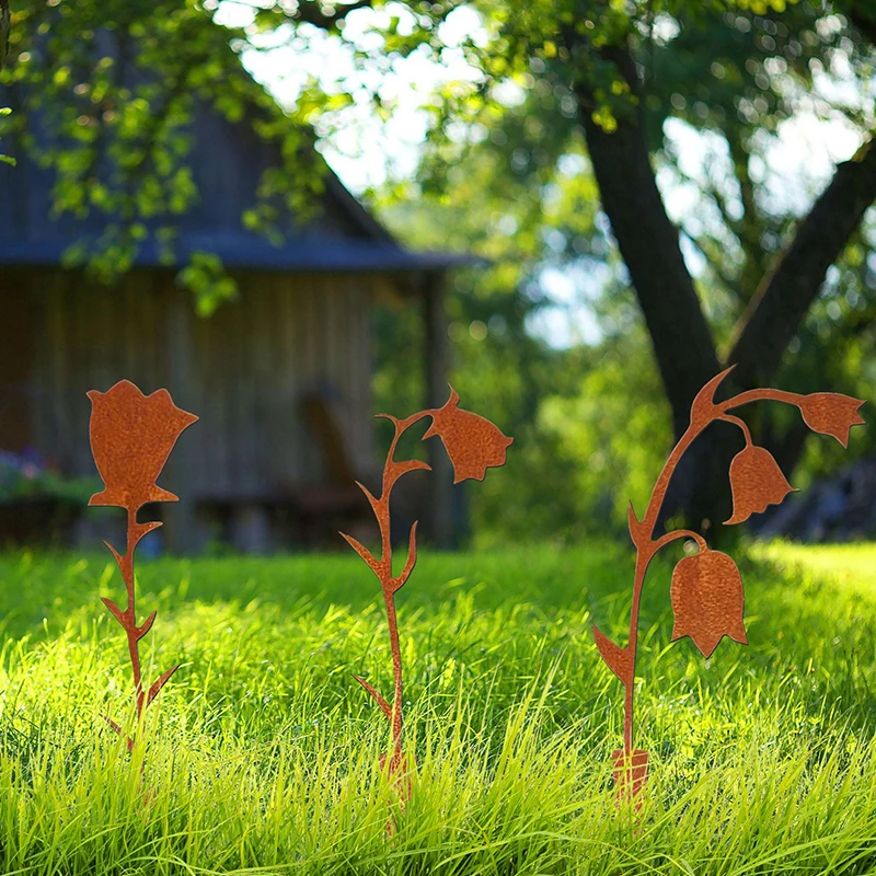 3PCS/Set Rusty Wrought Iron Garden Stake Lily Of The Valley Shaped ...