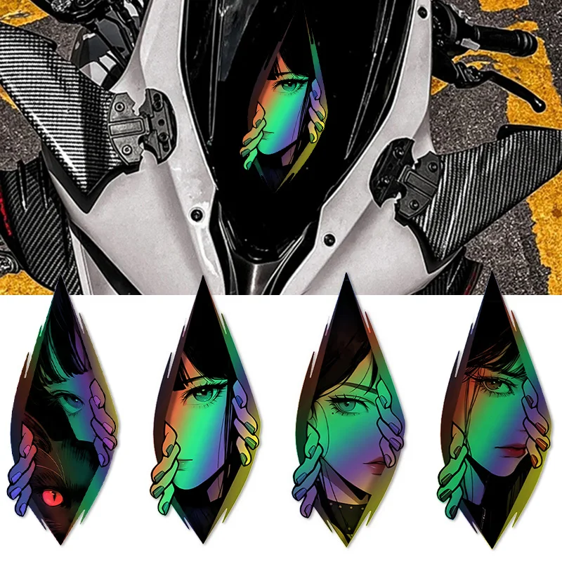 1PC Reflective Laser Anime Peeking Eyes JDM Motorcycle Sticker ...
