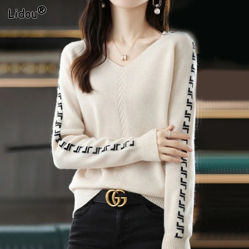 Topstitch decoração decote em v escritório senhora pullovers outono ...