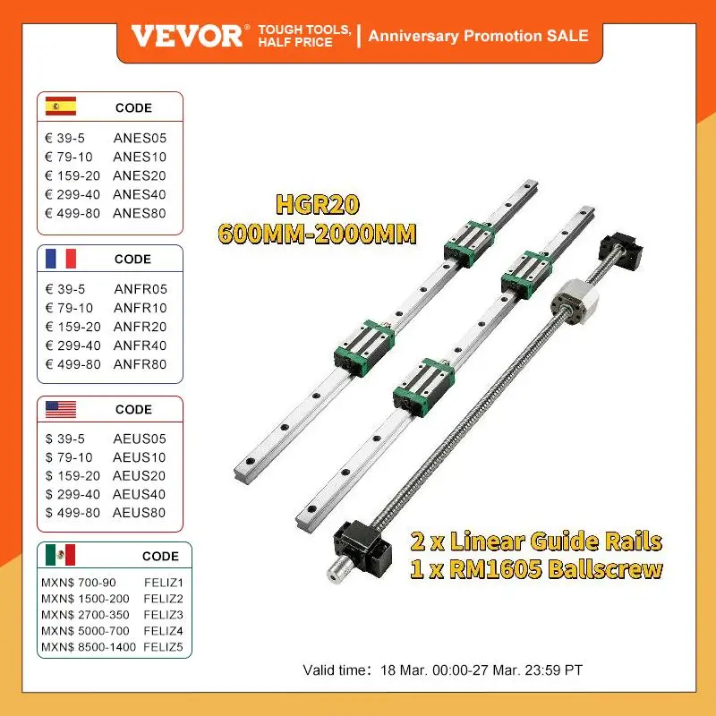 VEVOR-HGR20-2PCS-Linear-Guide-Rails-600-2000MM-4PCS-Slide-Blocks-RM1605 ...