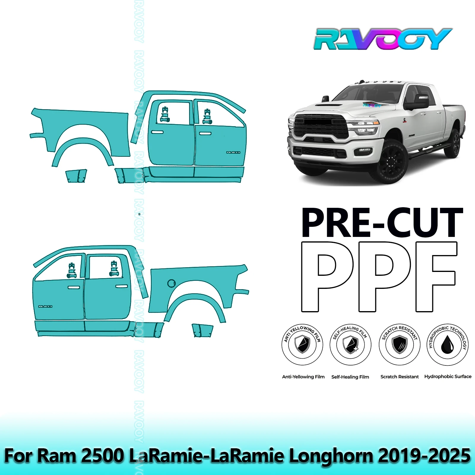 For Ram 2500 LaRamie-LaRamie Longhorn 2019-2025 8.5mil Pre-Cut PPF Door ...