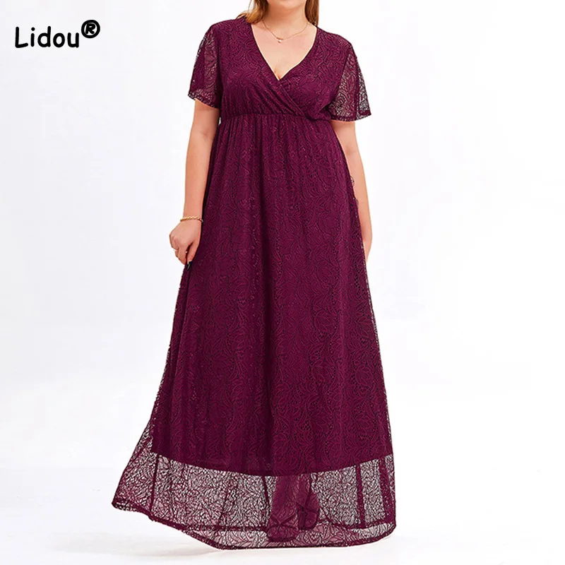 Elegant-V-Neck-Lace-3-4-Sleeve-Loose-Robe-Lady-Summer-Evening-Party ...