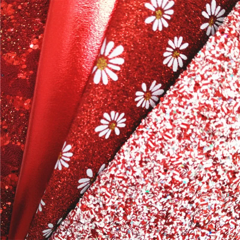 Red-Chunky-Glitter-Leather-Fabric-Daisy-Printed-Glitter-Leather-Sheets ...