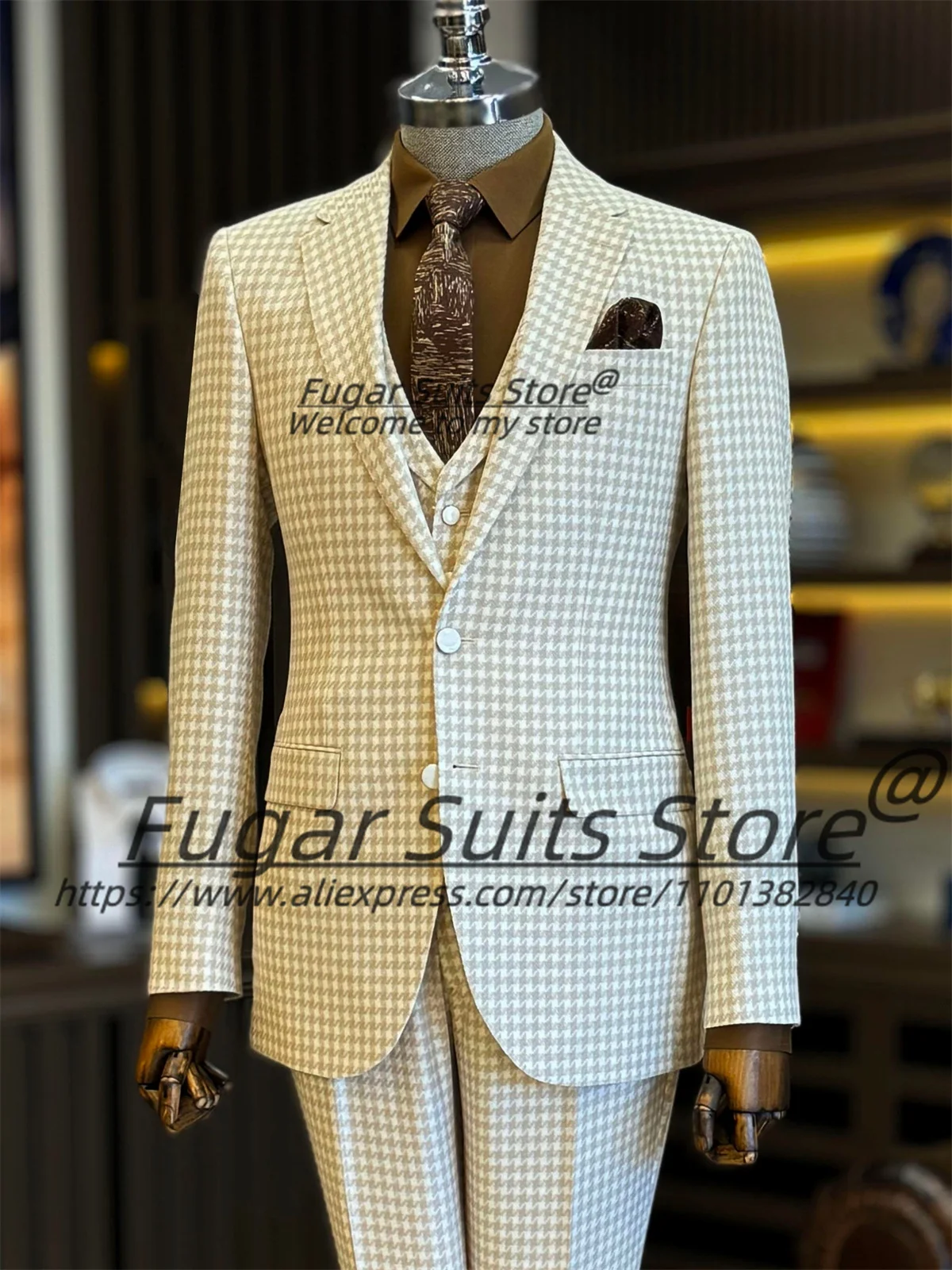 British Style Breige Plaid Formal Wedding Suits For Men Notched Lapel ...