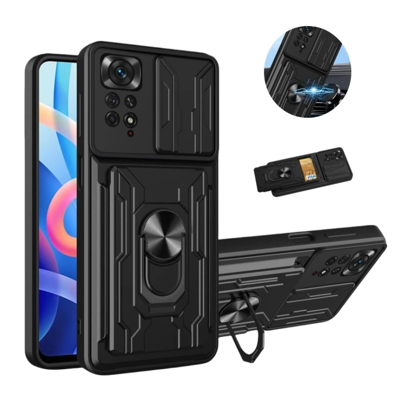 Magnetic Ring Armor Card Slot Wallet Case For Xiaomi Redmi Note 11 11S ...