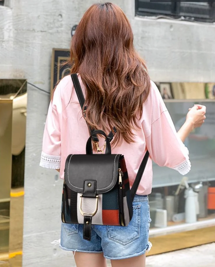 Splicing Backpack For Women PU Leather Plaid backpacks Multi-Function ...