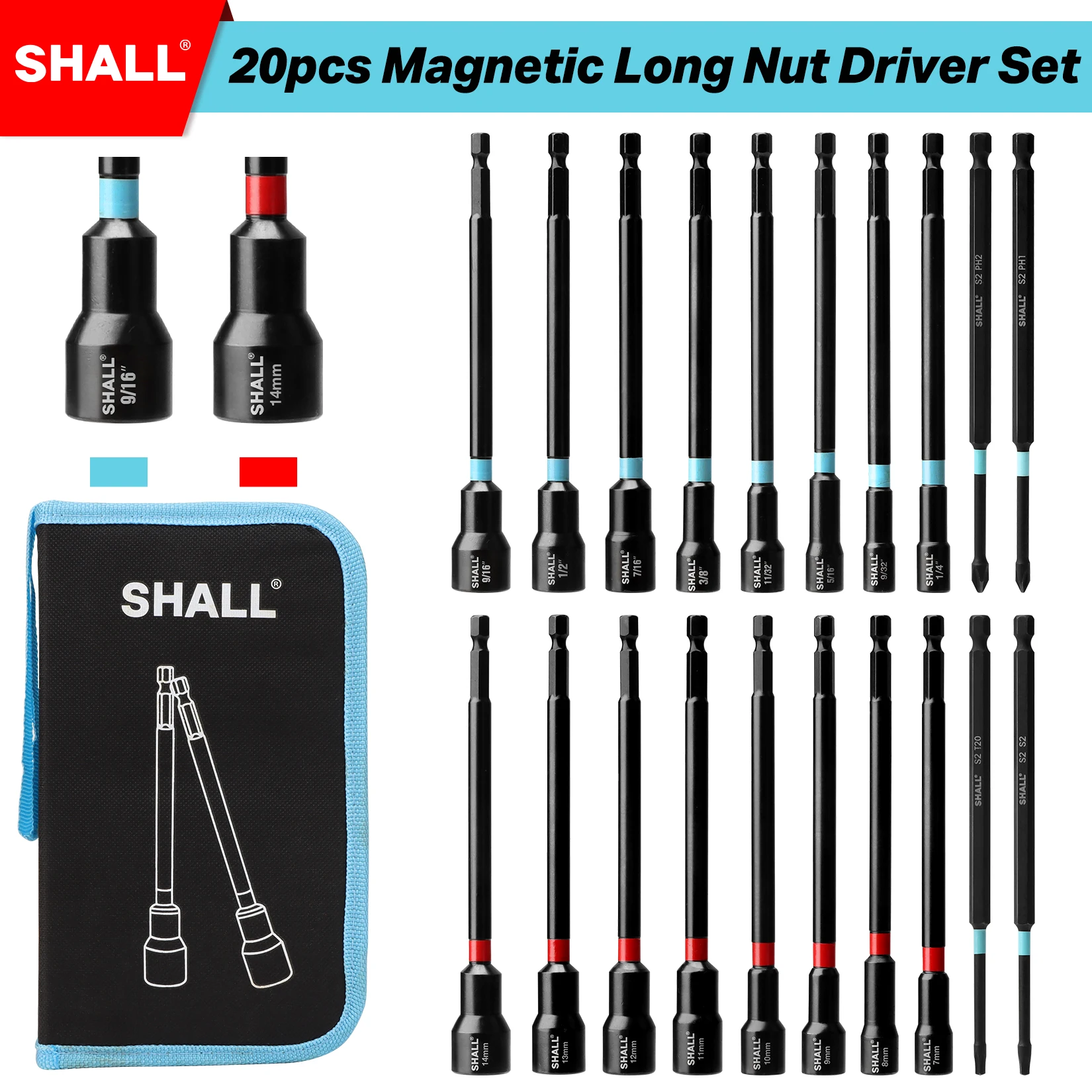 SHALL-20PCS-Magnetic-Nut-Driver-Set-6-Long-Nut-Drivers-Metric-SAE-Nut ...