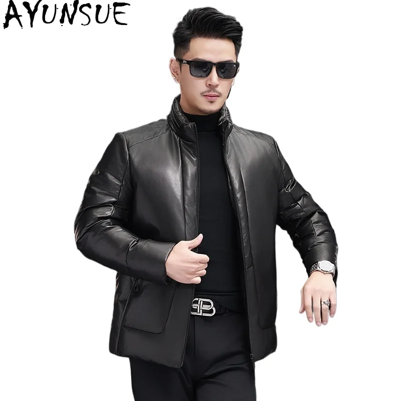 AYUNSUE High Quality Real Goatskin Leather Coat Short Goose Down ...