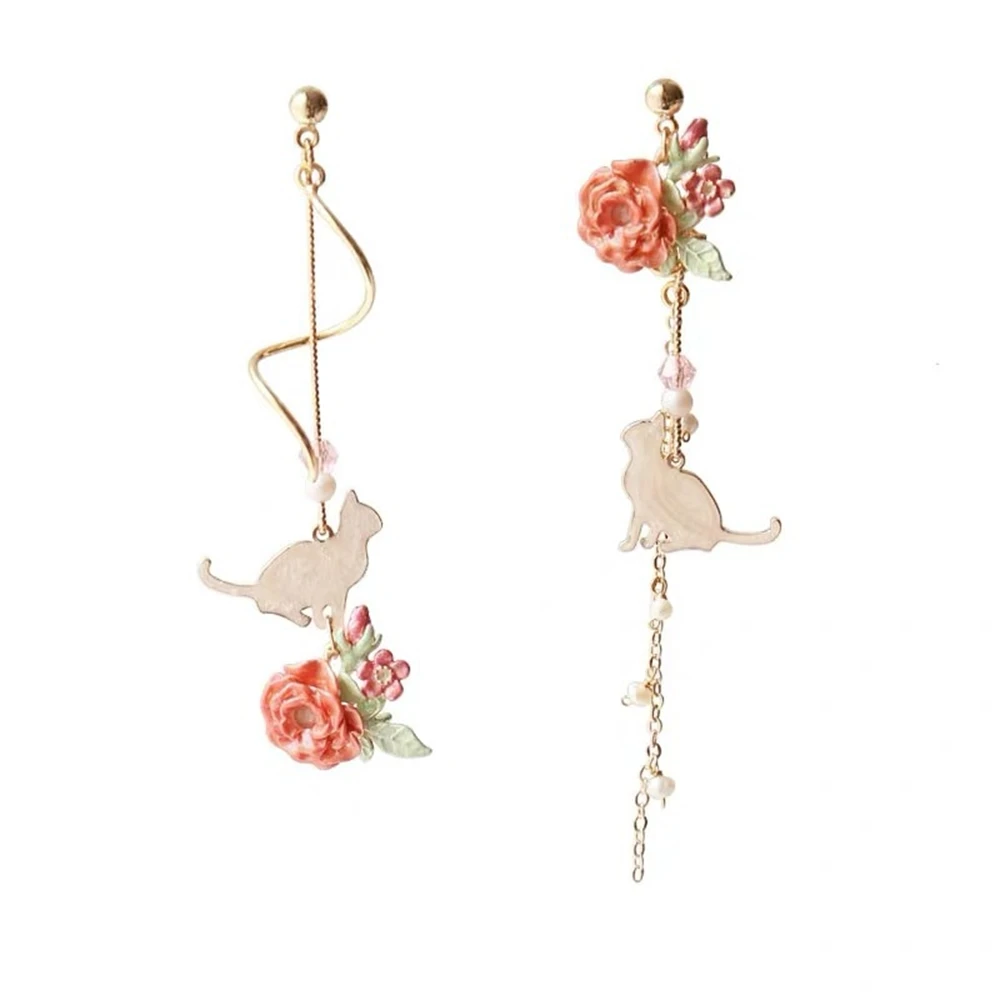 Fashion-Asymmetric-Cat-And-Flower-Earrings-For-Women-Cute-Animal-Rabbit ...