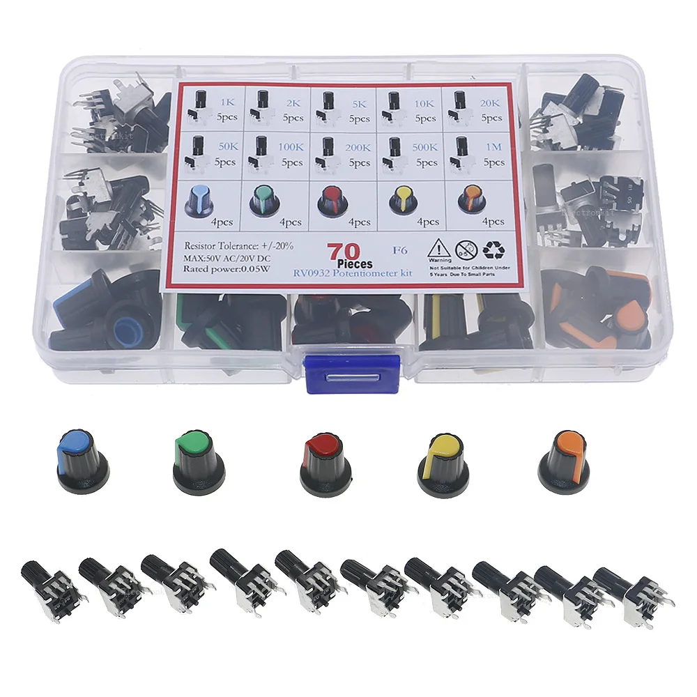 70Pcs-10Value-3Pin-RV09-Vertical-Adjustable-Seal-Rotary-Potentiometer ...