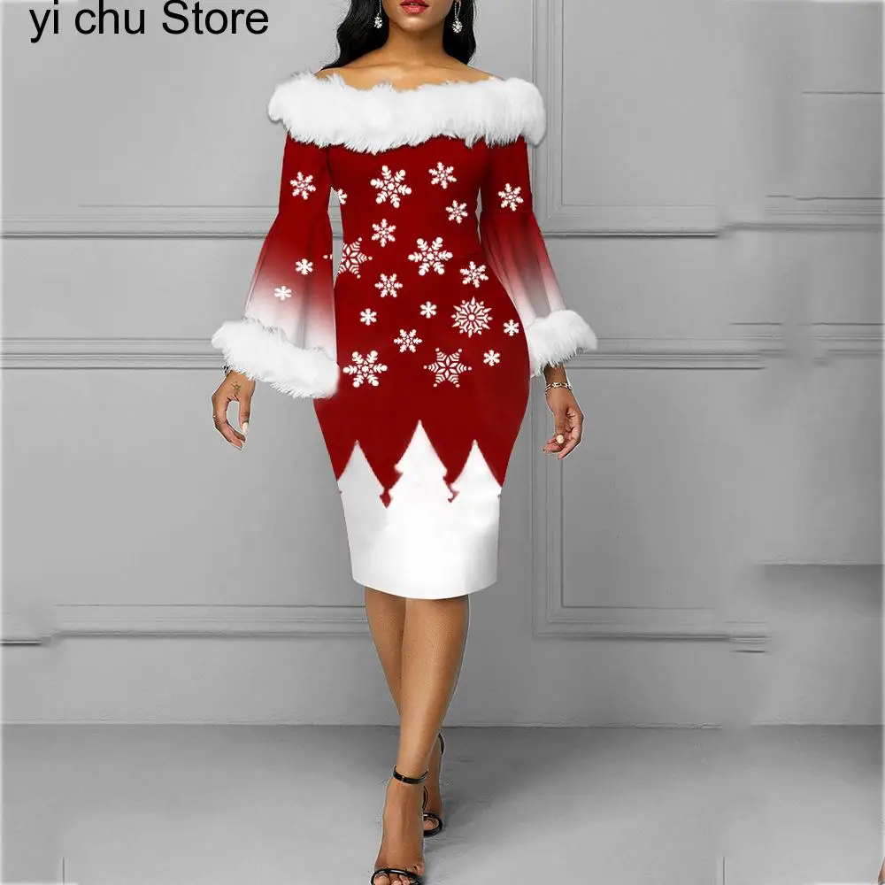 New-Winter-Snowflake-Print-Soft-Fluffy-Christmas-Dress-Sexy-Slash-Neck ...