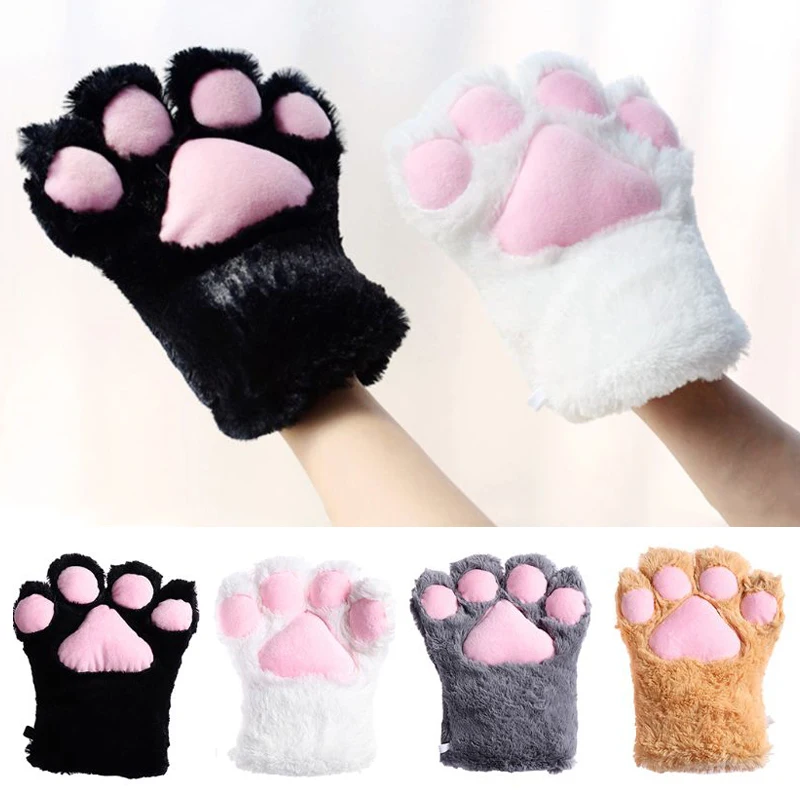 Winter-Warm-Fingerless-Gloves-Women-Girls-Lovely-Plush-Cat-Paw-Claw ...