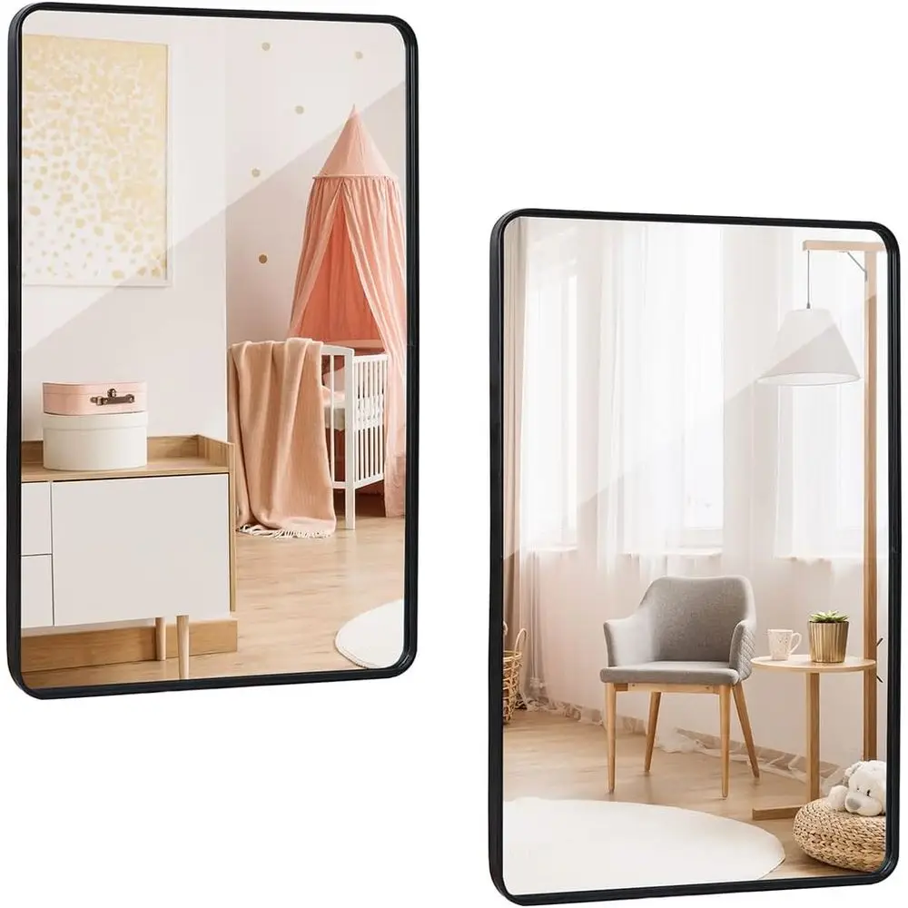 Set of 2 Wall-Mounted Black Metal 24x36 Inch Round Mirrors with Peaked ...