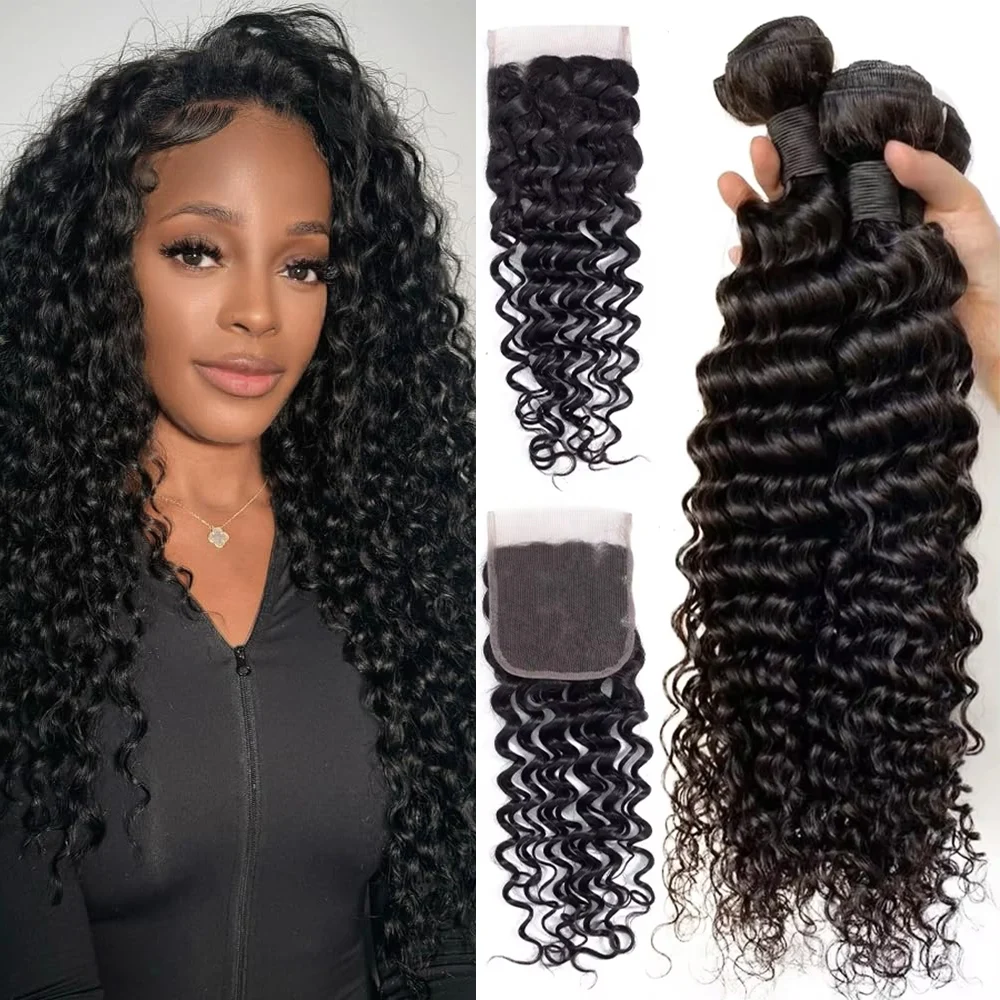 Deep Wave Human Hair Bundles with 4x4 Closure Deep Wave Bundles Human ...