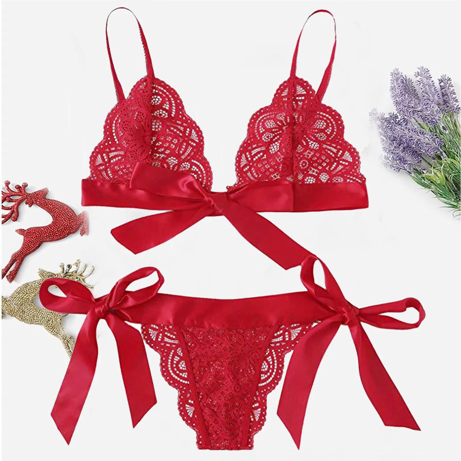 Sexy Lace Bra Scalloped Three Point Set Women Bowknot Lace Up Bandage Bra And Thong Set