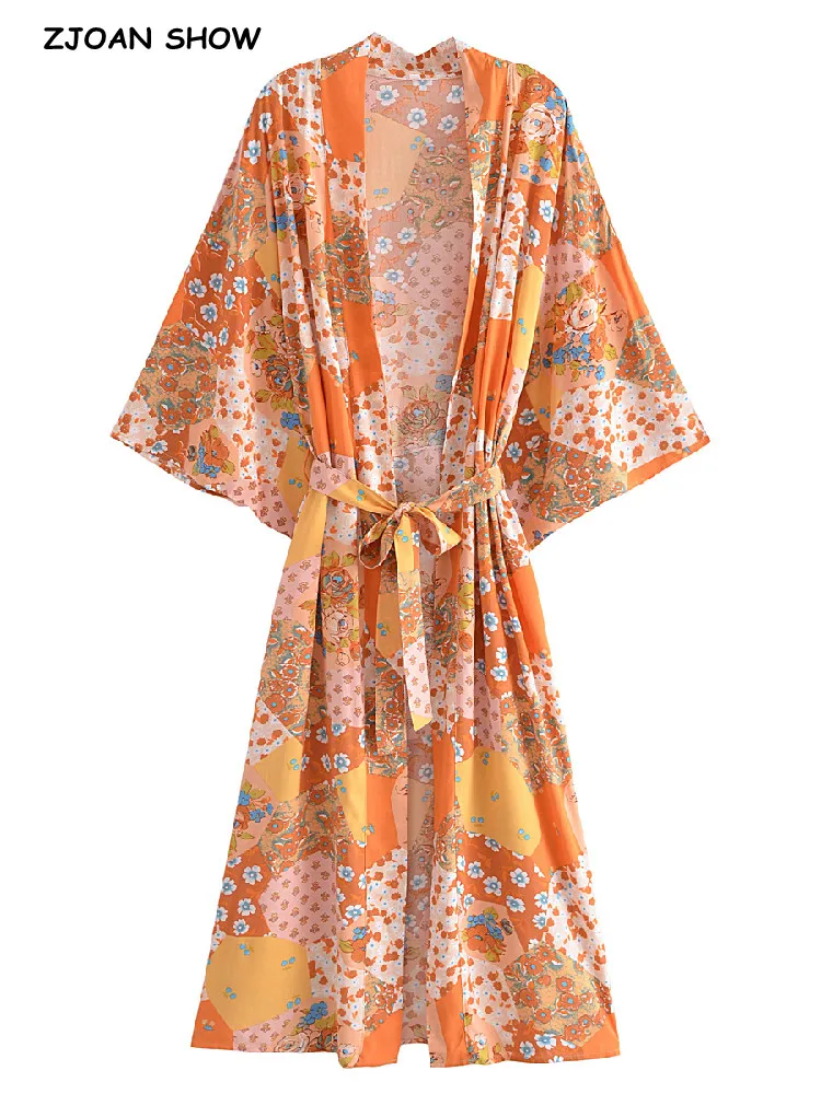 BOHO-Orange-Geometric-Flower-Print-Long-Kimono-Shirt-Ethnic-Lacing-up ...