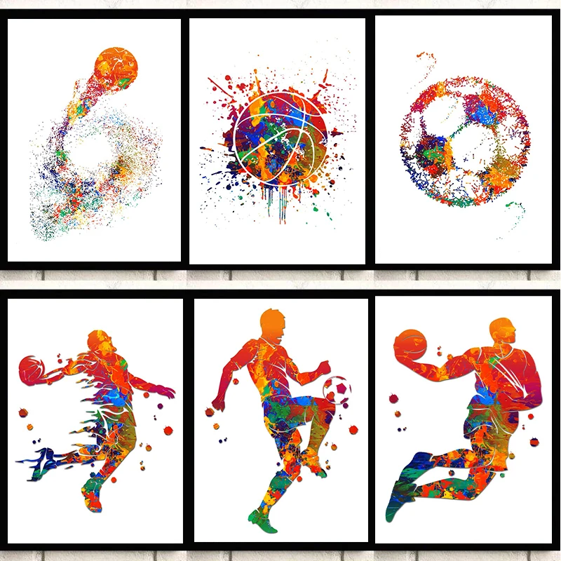 Watercolor-Basketball-Football-Player-Art-Poster-Picture-Soccer-Wall ...