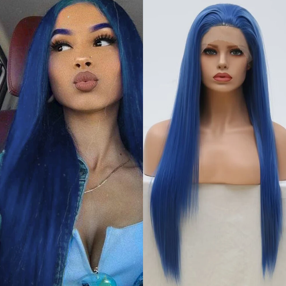 Deep Blue Synthetic Wig Natural Long Straight Lace Front Wigs For Women ...