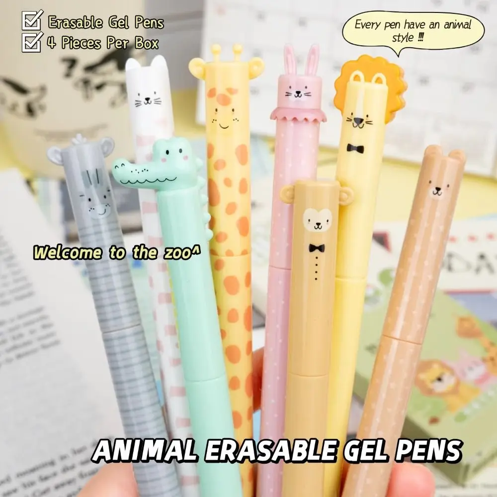 4PCS Cartoon Animal Shaped 0.5mm Blue Ink Erasable Pen Rotating Using ...