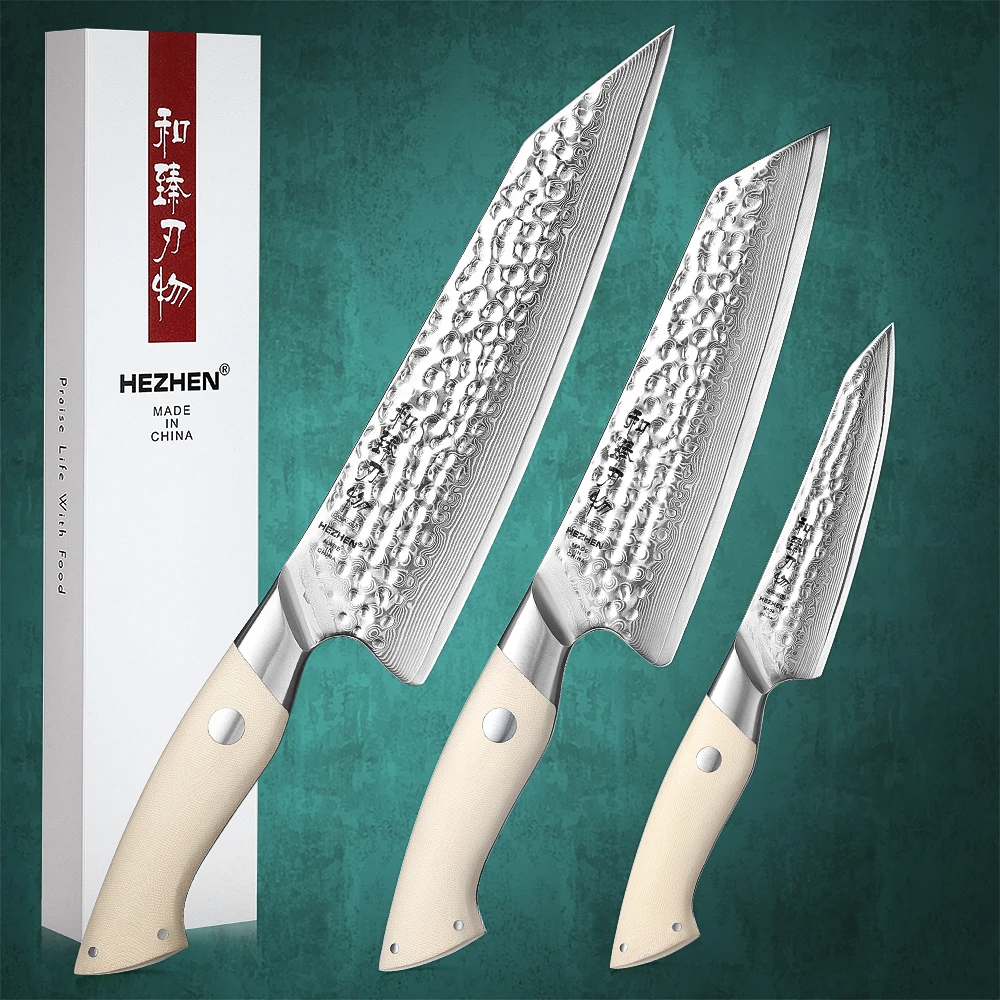 HEZHEN 3PC Knife Set Chef Knife Utility Knife 67 Layers Damascus Steel ...