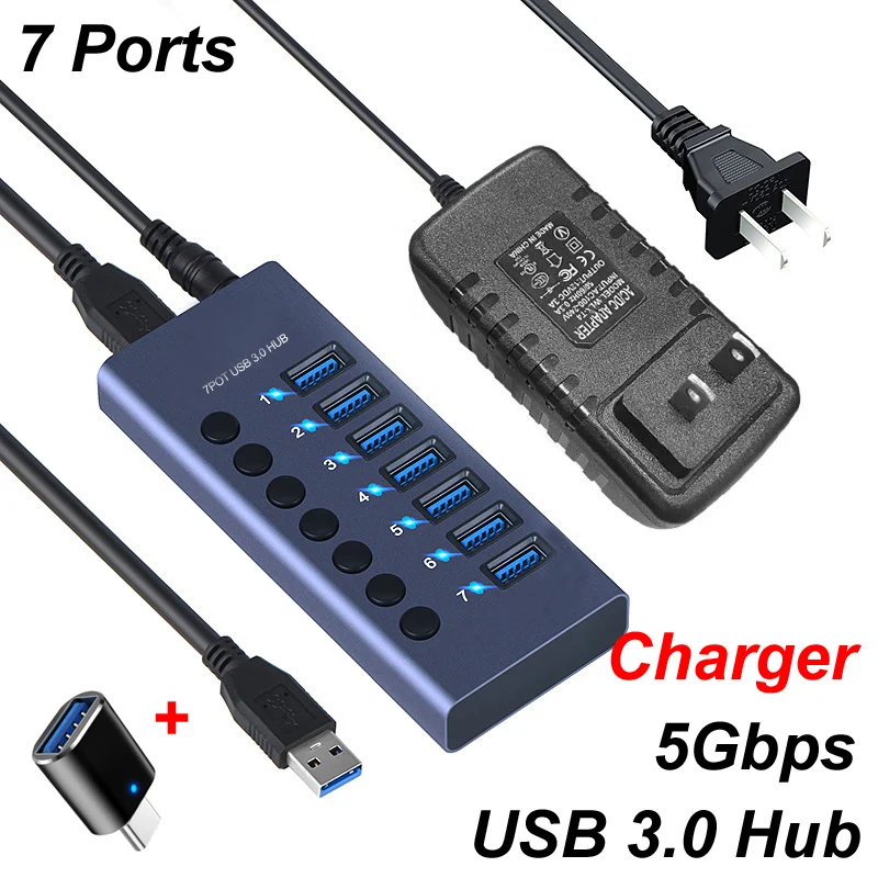 7-Ports-USB-3-0-HUB-Charging-5Gbps-Data-Transfer-Station-AC-Power-12V ...